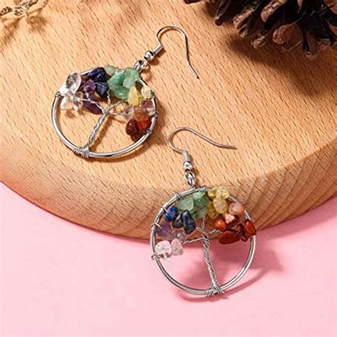 Обеци Дървото на живота С полускъпоценни камъни и лечебни кристали на 7 те чакри Emag Bg