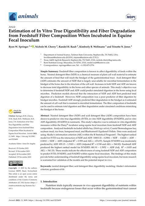 Pdf Estimation Of In Vitro True Digestibility And Fiber Degradation From Feedstuff Fiber