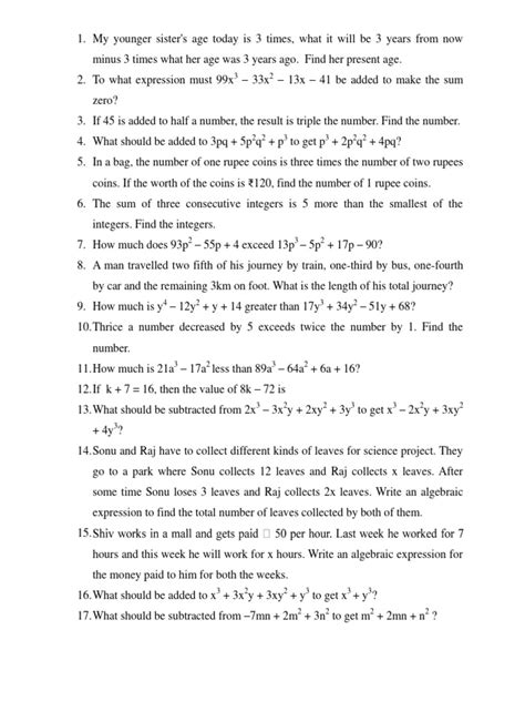Class Test Simple Equation And Linear Equation Class 7 Pdf