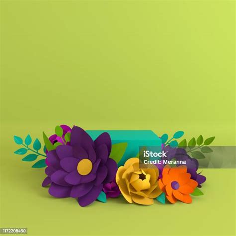 종이 꽃과 나뭇잎 프레임 제품 프리젠 테이션을위한 연단 플랫폼 여름 또는 봄 다채로운 배경입니다 용지 잘라기 3d 렌더링 모형 0명에 대한 스톡 사진 및 기타 이미지