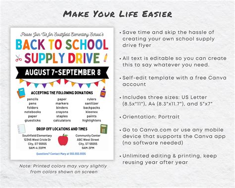 Back To School Supply Drive Flyer Template Supplies Fundraiser Canva