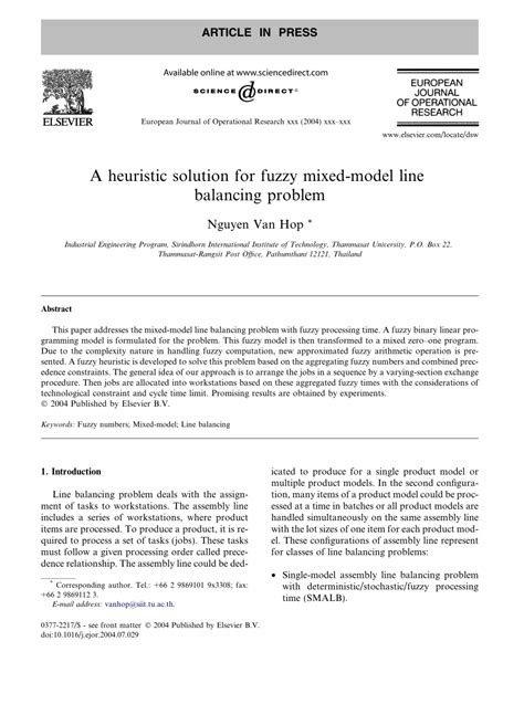 Pdf A Heuristic Solution For Fuzzy Mixed Model Line Balancing Problem