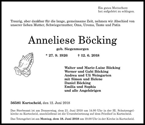 Traueranzeigen Von Anneliese Böcking Rz Trauer De