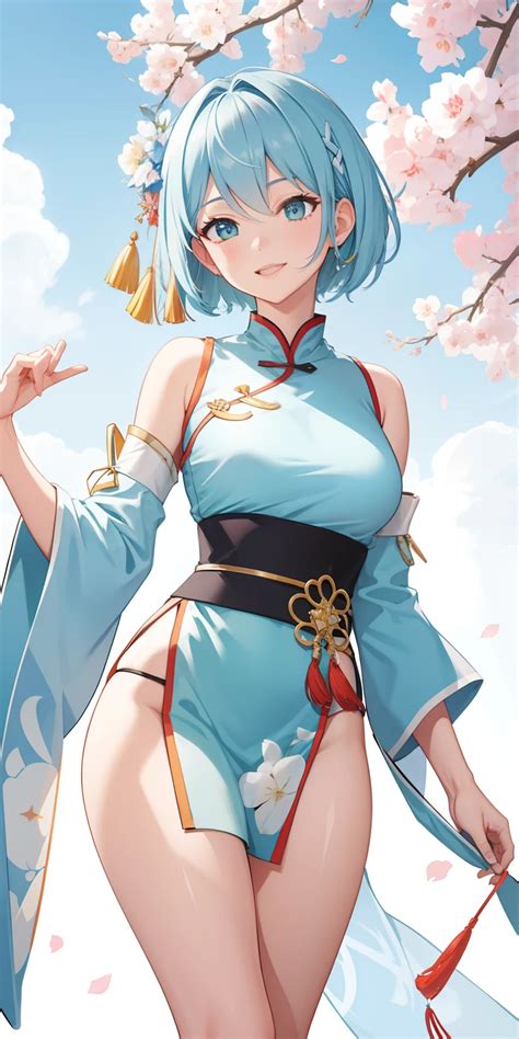 파란 옷을 입은 여자가 나무 아래에 서 있다 Seaart Ai