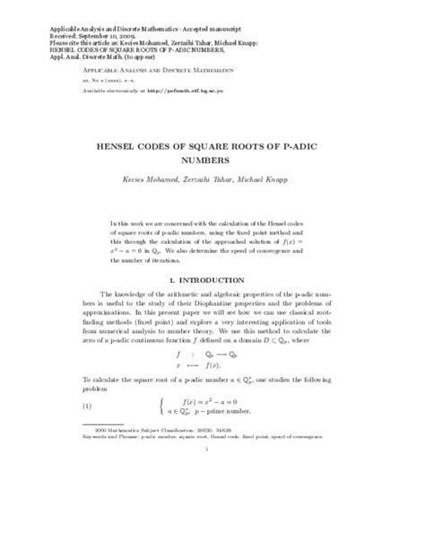 Pdf Hensel Codes Of Square Roots Of P Adic Numbers