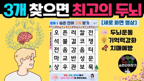 3개만 찾아도 최고의 두뇌 숨은 단어 221 숨은단어찾기 두뇌운동 단어퀴즈 치매예방퀴즈 낱말퀴즈 숨은단어찾기 단어퀴즈 치매예방 Youtube
