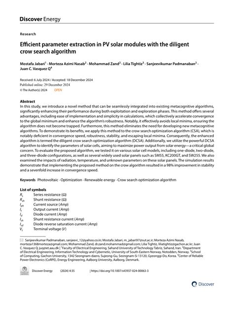 Pdf Efficient Parameter Extraction In Pv Solar Modules With The Diligent Crow Search Algorithm