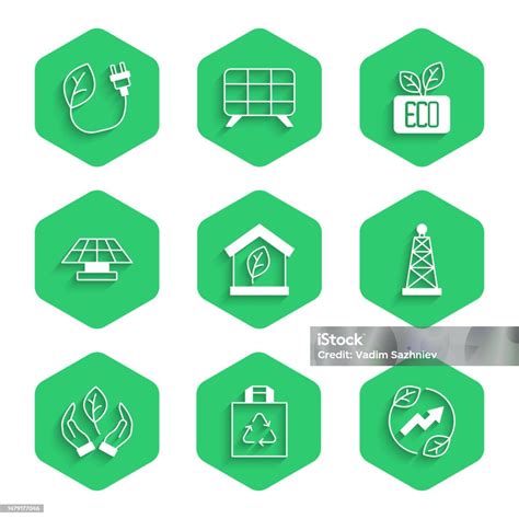 에코 친화적 인 집 재활용과 쇼핑백 전기 절약 플러그 잎 석유 장비 잎 손 태양 에너지 패널 기호 및 아이콘을 설정합니다 벡터 굴착 장치에 대한 스톡 벡터 아트 및 기타