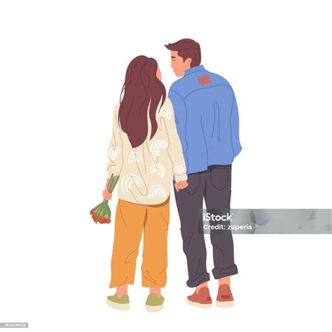 젊은 남자와 여자 만화 캐릭터 사랑에 함께 축하 기념일을 축하 시간을 즐기고 있습니다 커플에 대한 스톡 벡터 아트 및 기타 이미지 커플 후면 여자 Istock