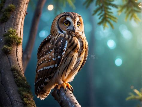 Owl Perched On Tree Trunk In Forest Stock Illustration Illustration