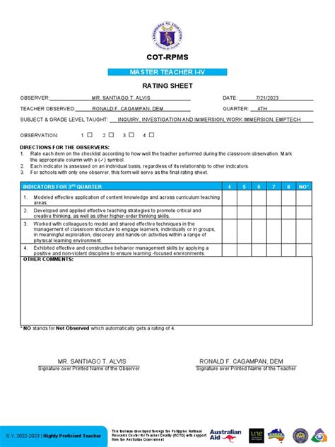 Cot Rating Sheet For Mt 2022 2023 Pdf Teachers Learning