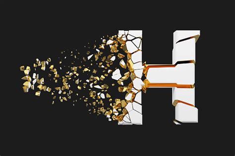 부서진된 알파벳 편지 H 깨진 대문자 백색과 금 글꼴을 짓 눌린 3d 렌더링에 고립 된 회색 배경 금 금속에 대한 스톡 사진 및 기타 이미지 Istock