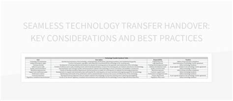 Seamless Technology Transfer Handover Key Considerations And Best Practices Excel Template And