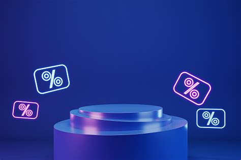 비어 있는 밝은 파란색은 추상적인 배경에서 판매를 의미하는 디지털 퍼센트 기호로 둘러싸인 제품 프레젠테이션을 의미합니다 3d 렌더링 모형 3차원 형태에 대한 스톡 사진 및