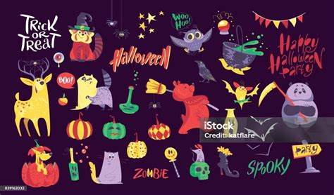 평면 벡터 할로윈 전통 장식 요소 어두운 배경에 고립의 컬렉션입니다 10월에 대한 스톡 벡터 아트 및 기타 이미지 10월 가을 거미 Istock
