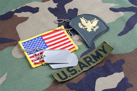 미국 육군 전문가 순위 패치 분기 테이프 플래그 패치 및 숲 위장 제복에 개 태그 Us 우드랜드 위장 무늬에 대한 스톡 사진 및 기타 이미지 Us 우드랜드 위장