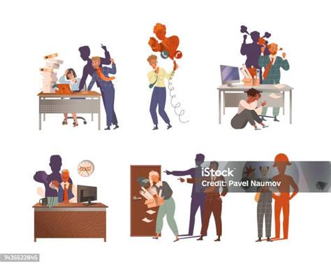 분노한 상사와 스트레스를받은 직원 세트 좌절한 직원들을 꾸짖는 분노한 고용주들 직장에서 스트레스를 느끼는 사람들 플랫 벡터 일러스트 레이 션 감정에 대한 스톡 벡터 아트 및