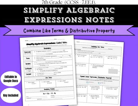Simplify Algebraic Expressions Notes Combine Like Termsdistributive