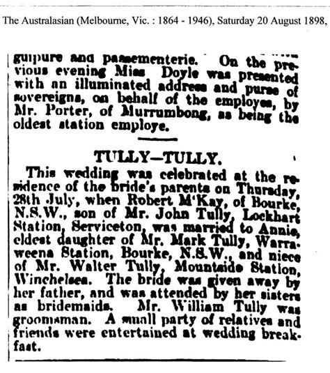 Marriage Of Robert Mckay Tully To Annie M Tully 1898