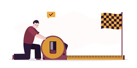 측정 테이프를 사용하여 대상과의 거리를 측정하고 분석하는 똑똑한 사업가 남성 직원은 작업 완료까지의 거리를 측정하고 개선에 대한 스톡 벡터 아트 및 기타 이미지 Istock