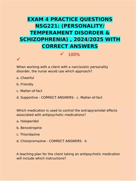 exam 4 practice questions nsg221 personality temperament disorder and schizophrenia 2024