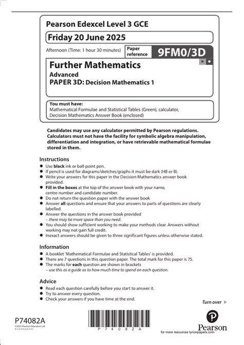 Edexcel A Level May June 2025 Further Maths Paper Paper 3d Decision Maths 1 Pdf June 2025