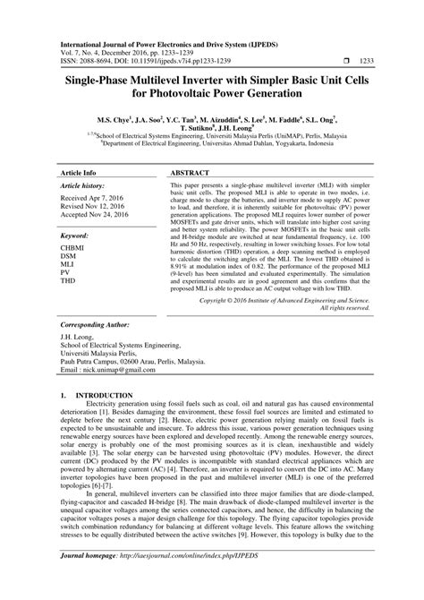 PDF Single Phase Multilevel Inverter With Simpler Basic Unit Cells For Photovoltaic Power