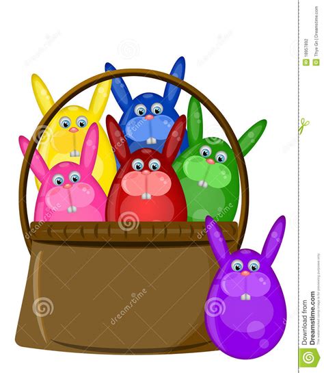 Six Colored Happy Easter Bunny Eggs In Basket Stock Illustration