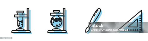 세트 라인 페인트 브러시 유리 테스트 튜브 플라스크 화재 유리 테스트 튜브 플라스크 에 화재 및 삼각형 눈금자 아이콘 벡터 개념에 대한 스톡 벡터 아트 및 기타 이미지