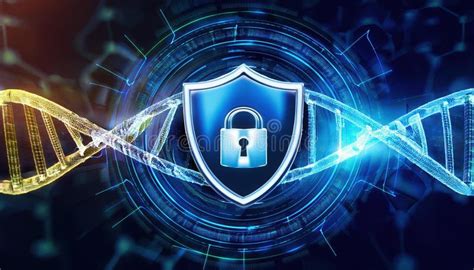 Futuristic Shield With A Lock Surrounded By Dna Strands Symbolizes Cybersecurity And Genetic