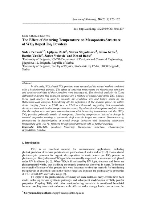 Pdf The Effect Of Sintering Temperature On Mesoporous Structure Of Wo3 Doped Tio2 Powders