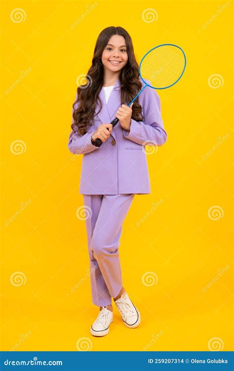 Teen Girl Badminton Player In Suit With Badminton Racket Isolated On