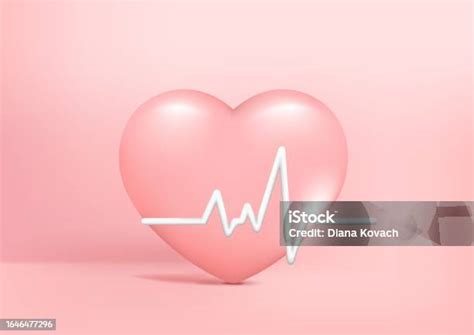 하얀 맥박 선 심장 박동이 있는 사실적인 3d 광택 심장 만화 3d 심전도 심장 기호 진단 건강 맥박 측정 의료 의료 파스텔 핑크 배경에 벡터 그림 3차원 형태에 대한 스톡