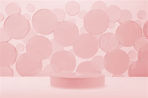 분홍색 유리 빛나는 둥근 연단 분홍색 추상 무대 모형 플라잉 서클 패턴입니다 템플릿 3d 일러스트 레이션 달콤하고 순수하며 통풍이 잘되는 장면 프리젠 테이션 화장품 상품