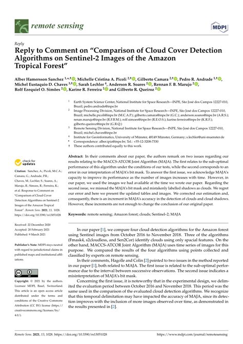 Pdf Reply To Comment On “comparison Of Cloud Cover Detection Algorithms On Sentinel 2 Images