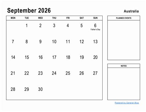 Australia Monthly Calendar September 2026 Monday Start