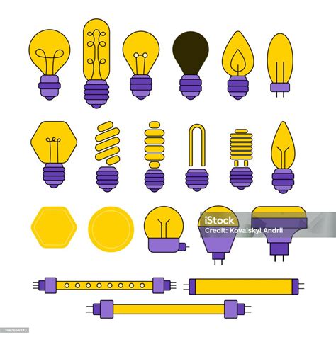 전구 트렌디 한 색상 최소한의 추상 빛나는 전기 장치 다양한 에너지 효율적인 Led 전구 및 다양한 커넥터가있는 스트립 벡터 전구 0명에 대한 스톡 벡터 아트 및 기타