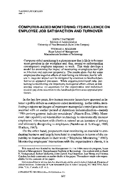 Pdf Computer Aided Monitoring Its Influence On Employee Job Satisfaction And Turnover