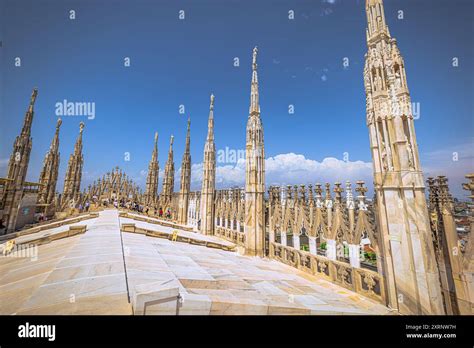 Panoramic Rooftop View Of The Majestic Cathedral Of Milan Italy Stock
