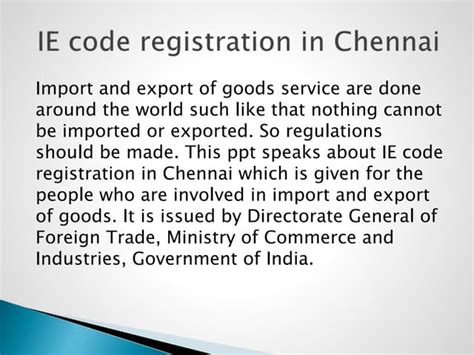 Ie Code Registration In Chennai Ppt