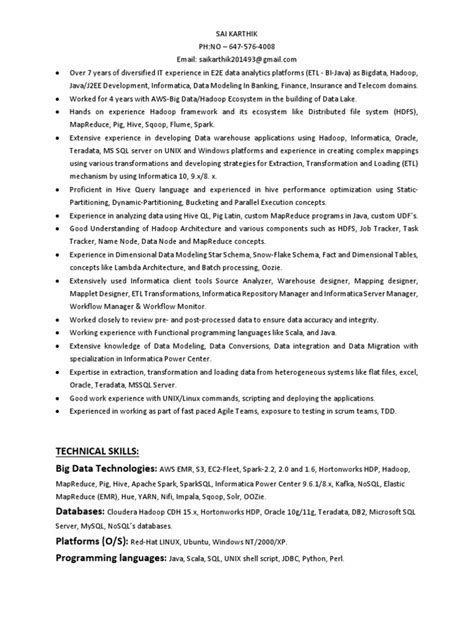 dice resume cv sai karthik pdf apache spark apache hadoop