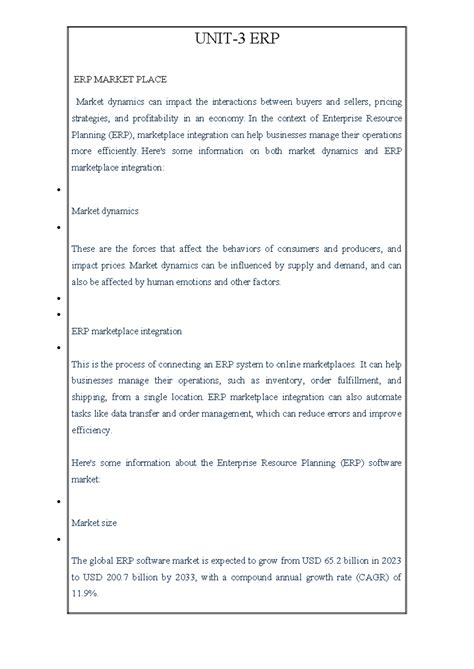 Unit 3 Erp Erp 3rd Unit Notes Erp Market Place Market Dynamics Can Impact The Interactions
