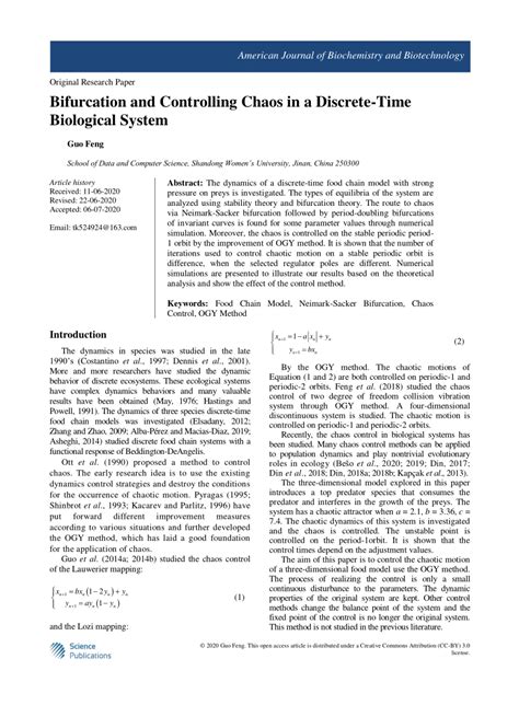 Pdf Bifurcation And Controlling Chaos In A Discrete Time Biological System