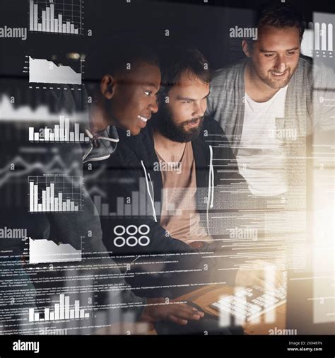 Software Development Overlay Man And Team With Computer At Night For