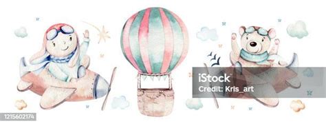 수채화 풍선 세트 아기 만화 귀여운 파일럿 항공 일러스트 레이션 기린과 코끼리 코알라 곰과 새 구름과 하늘 수송 풍선 유치한 아기 소년 샤워 삽화 관광에 대한 스톡 벡터