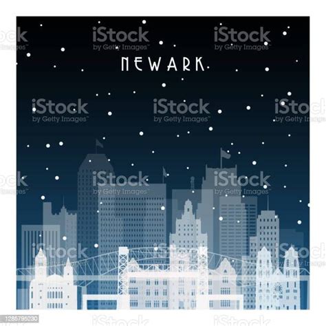 뉴어크의 겨울 밤 배너 포스터 일러스트레이션 배경에 대한 플랫 스타일의 야간 도시 뉴어크 뉴저지에 대한 스톡 벡터 아트 및 기타 이미지 뉴어크 뉴저지 스카이라인 눈