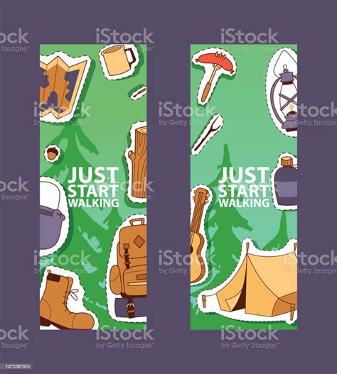 캠핑 장비 배너 포스터 전단지 벡터 일러스트 레이 션 숲에서 시간을 보내고 야외 활동입니다 나머지 고 자연입니다 하이킹 여행에