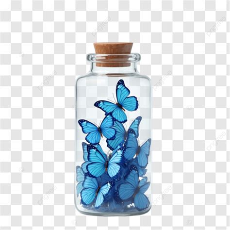 생동감 넘치는 푸른 나비로 가득 찬 유리병은 마법 같은 느낌을 더해줍니다 생기 넘치는 푸른 나비로 가득 찬 유리병 마법 같은 터치를 더하다 병 Png 일러스트 및