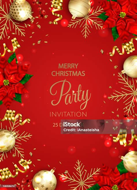 메리 크리스마스와 새해 복 많은 새해 포인세티아 눈송이 스타 볼 디자인의 Xmas 배경 12월에 대한 스톡 벡터 아트 및 기타 이미지 Istock