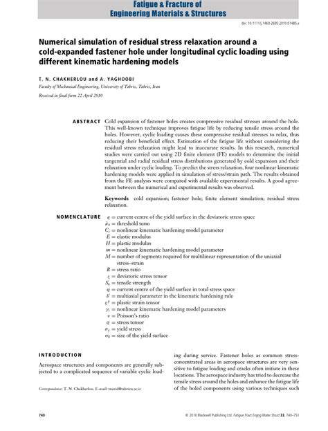 Pdf Numerical Simulation Of Residual Stress Relaxation Around A Cold‐expanded Fastener Hole